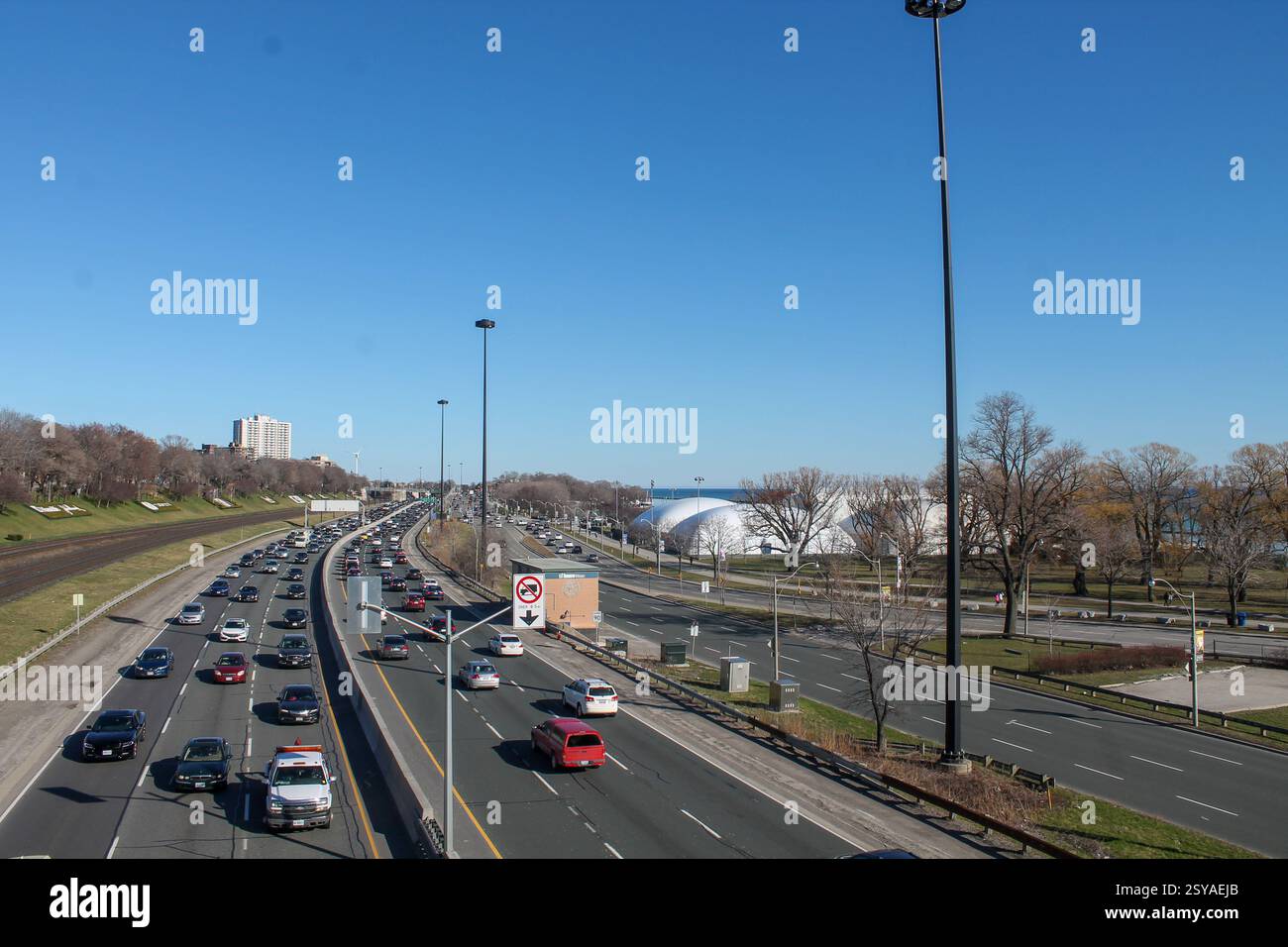 Toronto, Canada - April 9,2017: Aerial view of busy Lakeshore Boulevard ...