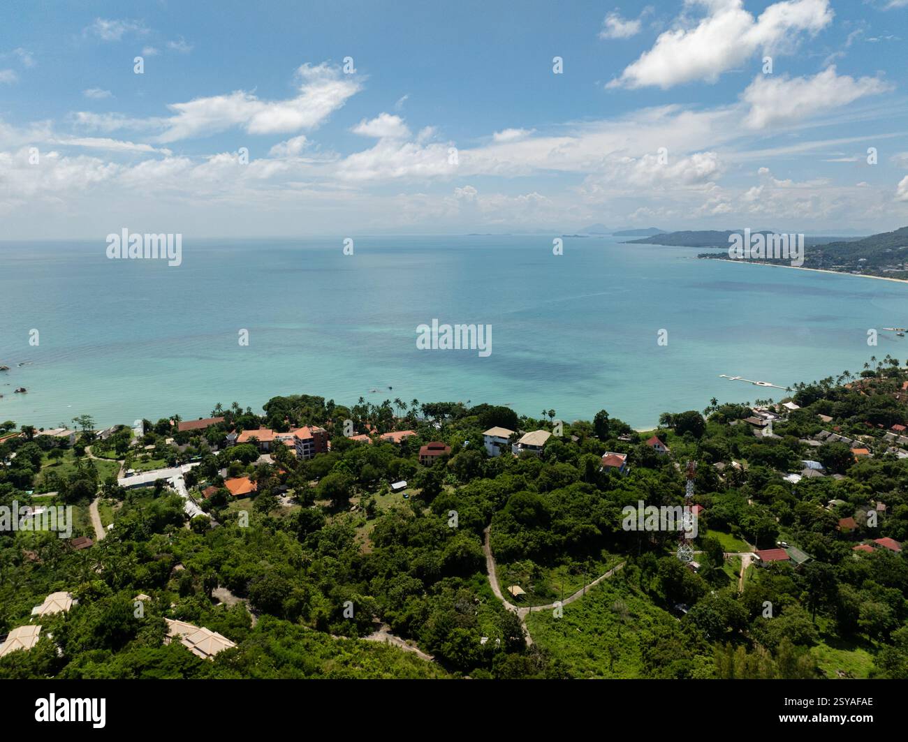 Wide aerial view of a tropical coastline featuring lush vegetation ...