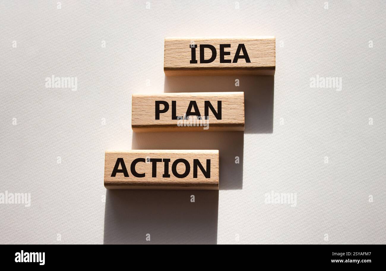 Idea Plan Action symbol. Wooden blocks with words Idea Plan Action. Beautiful white background ...