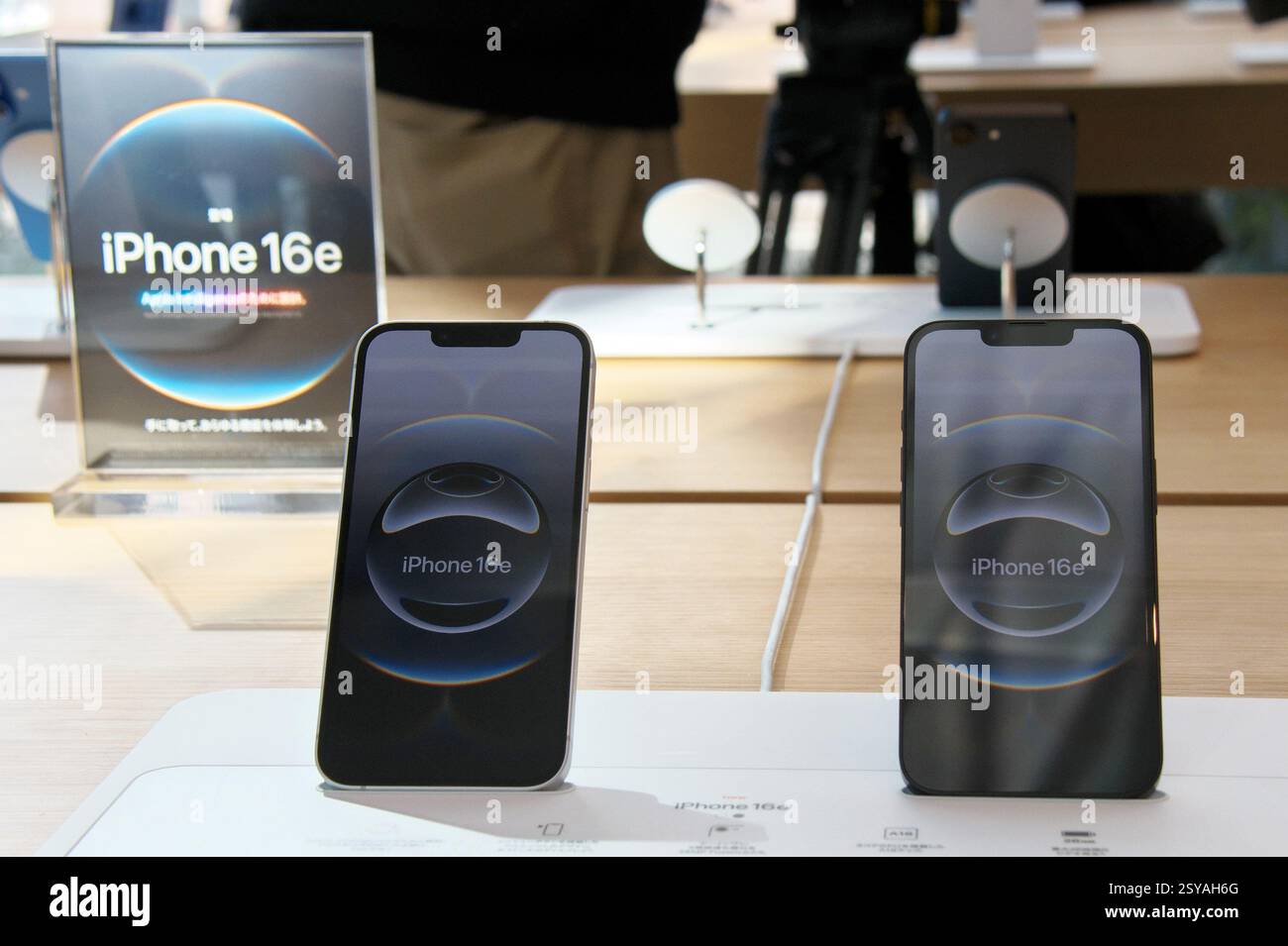 Tokyo, Japan. 28th Feb, 2025. Apple's new iPhone 16e are displayed during the launch day for new ...
