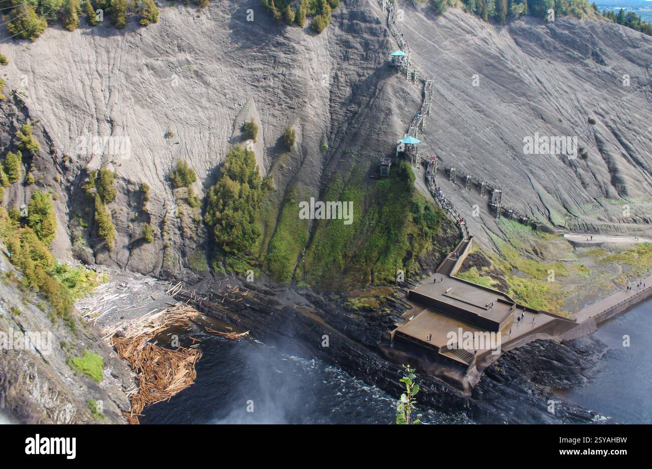 Base of Montmorency Falls showing viewing platforms, stairs climbing ...