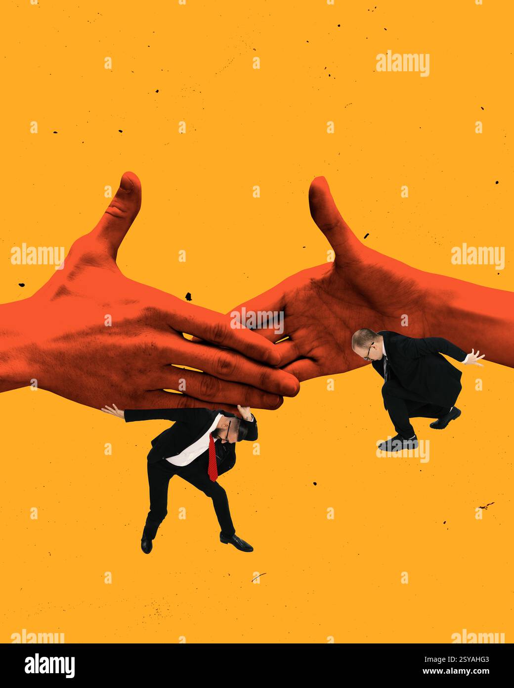 Giant handshake with tiny businessmen under pressure, symbolizing power ...