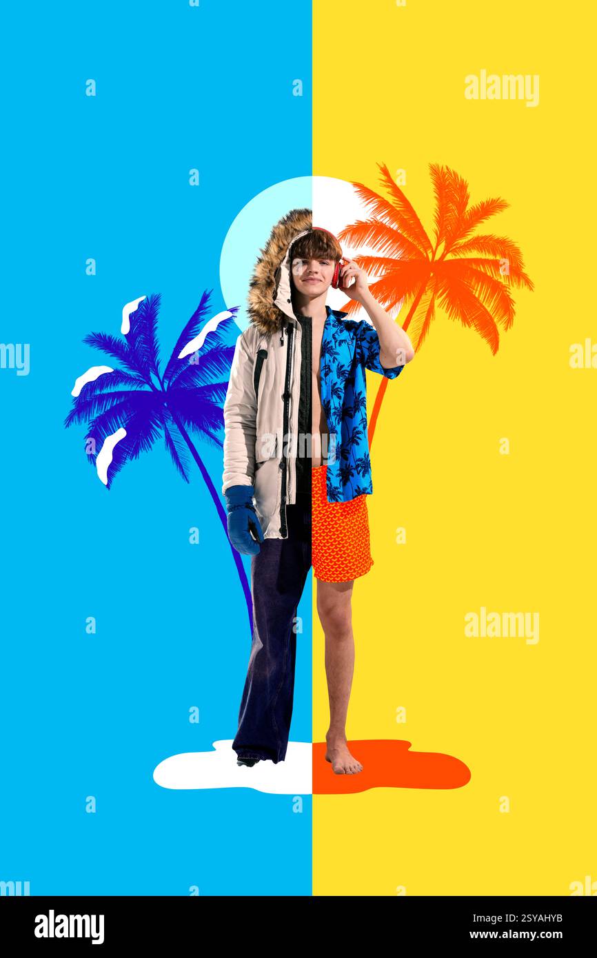 Cold to tropical getaway. Man dressed in half winter coat and half ...