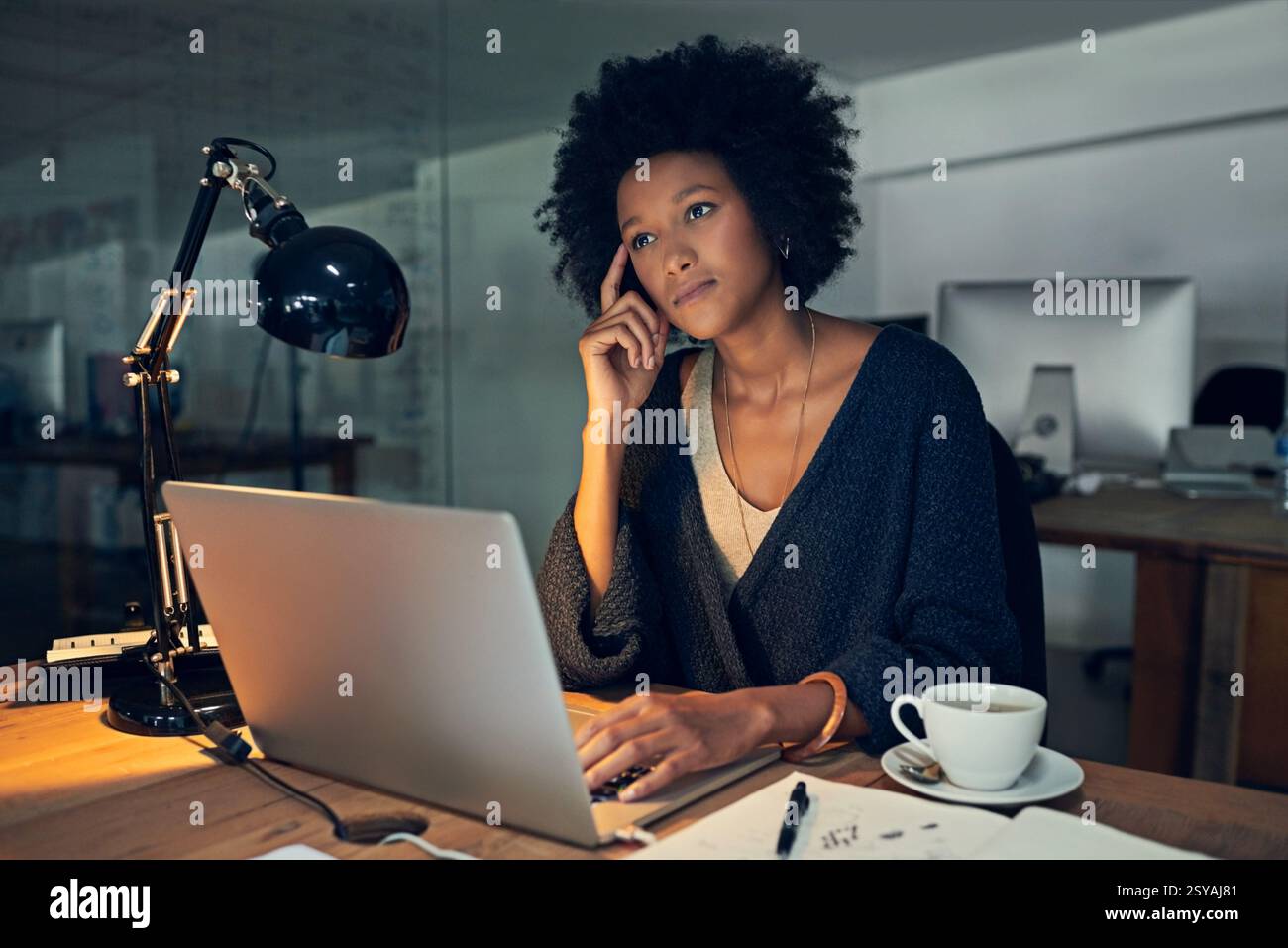 Thinking, writer and black woman on laptop for research, story and ...