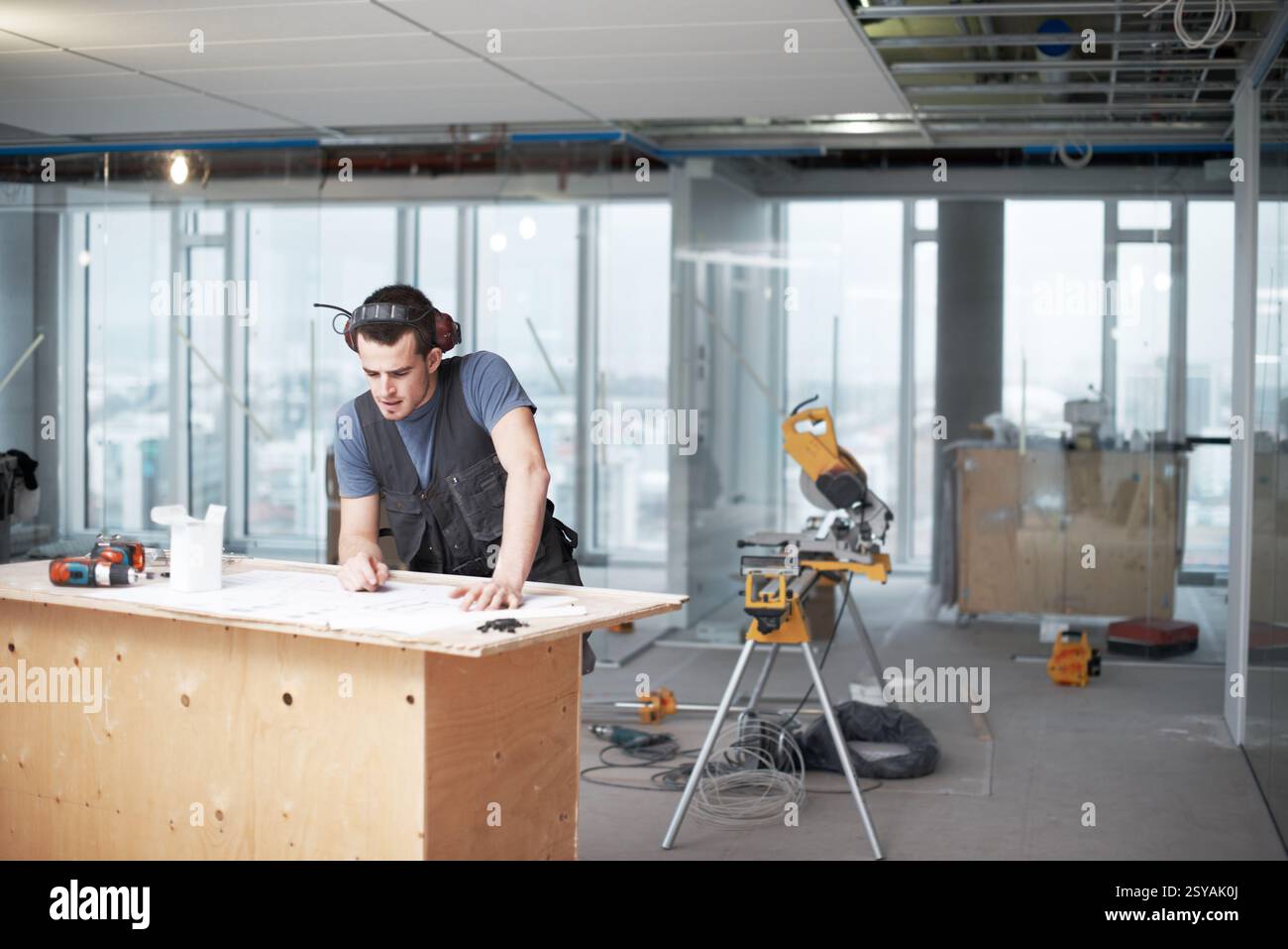 Designer, man or builder drawing floor plan for drafting industrial ...