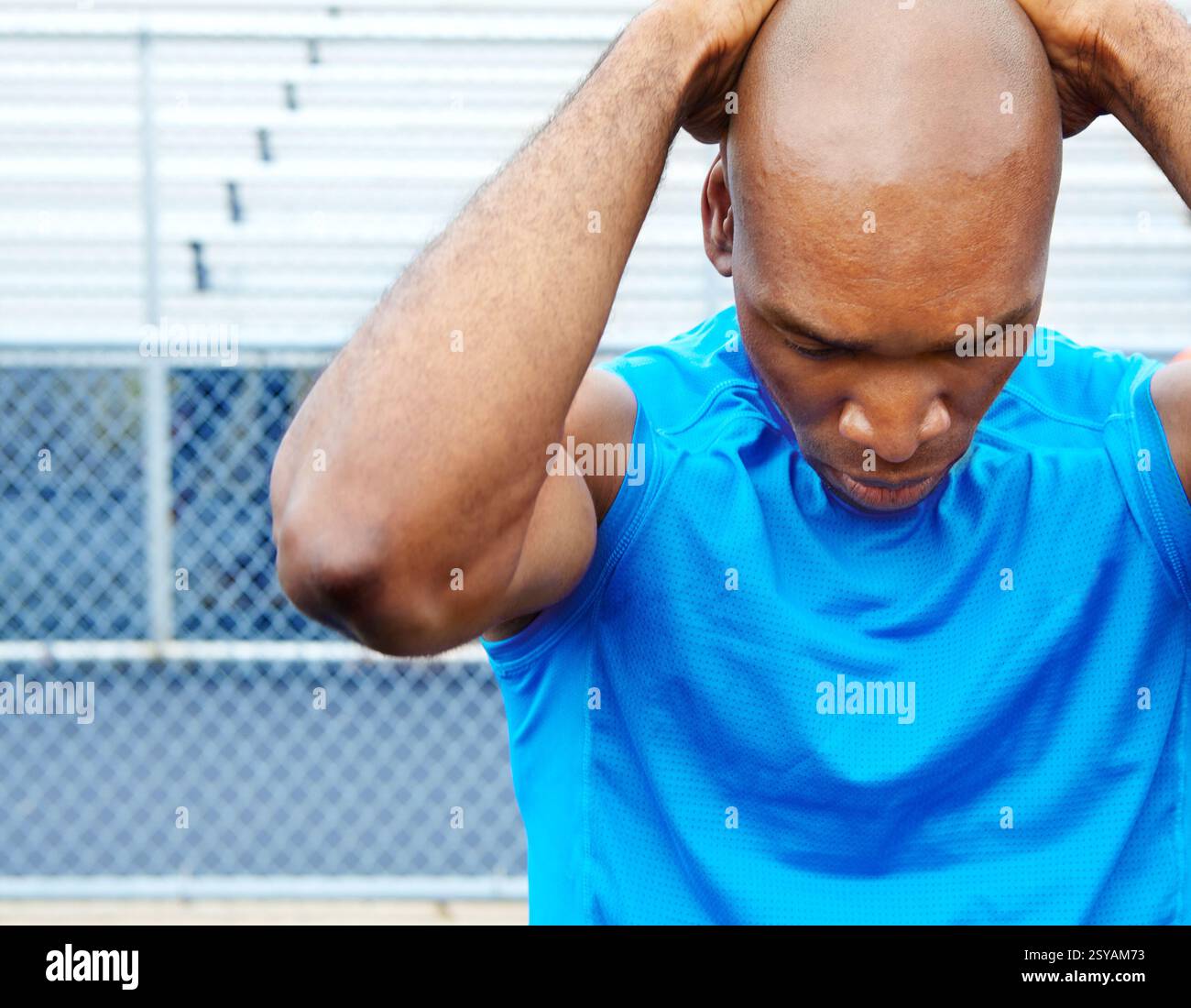 Thinking, sports and runner with black man in stadium for training ...