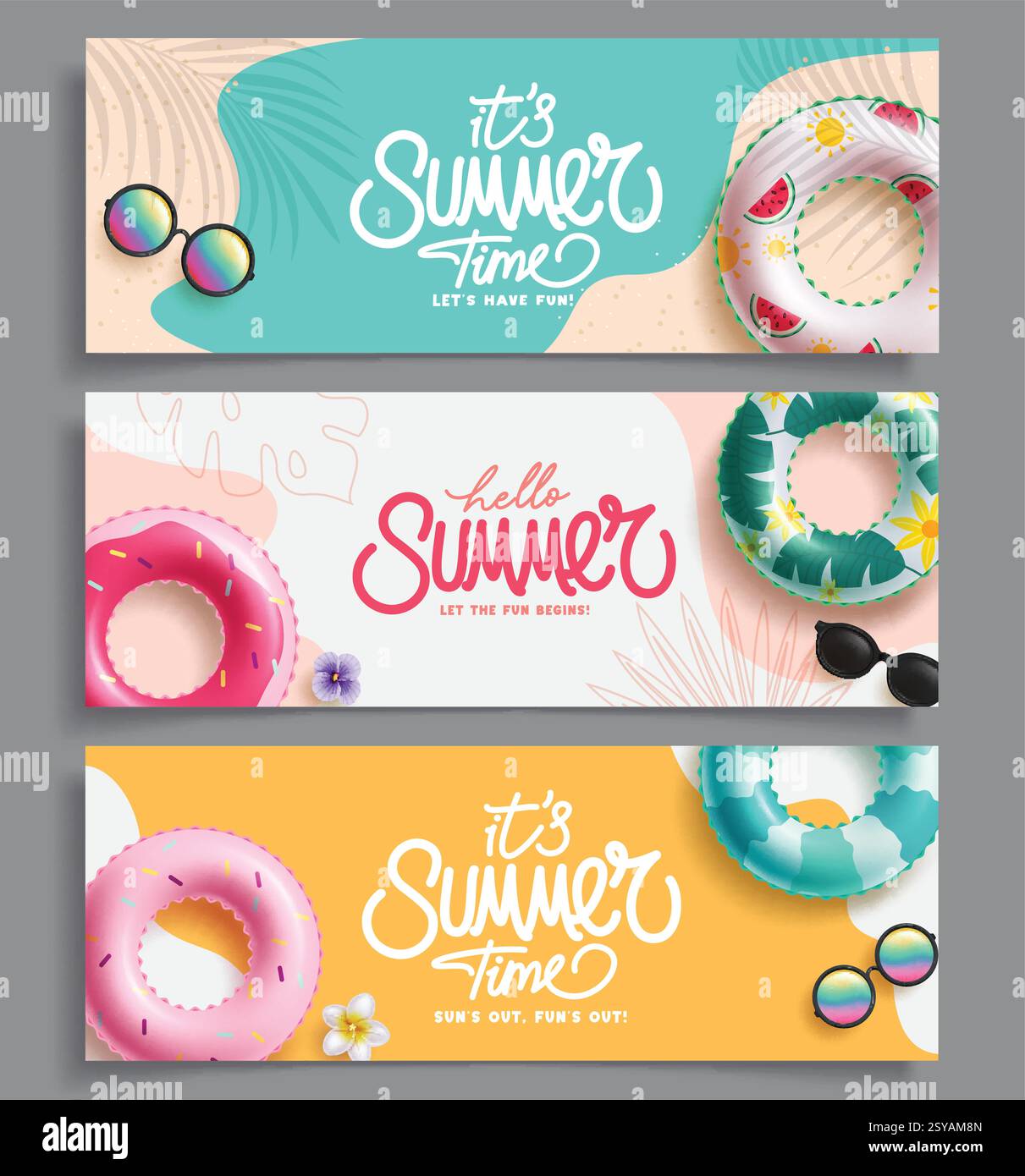 Summer time greeting clipart banner. Summer greeting card clip art with floaters and sunglasses ...