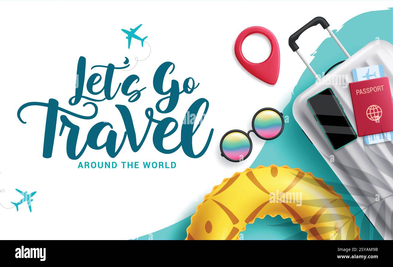 Travel tour clipart design. Let's go travel text with luggage bag ...