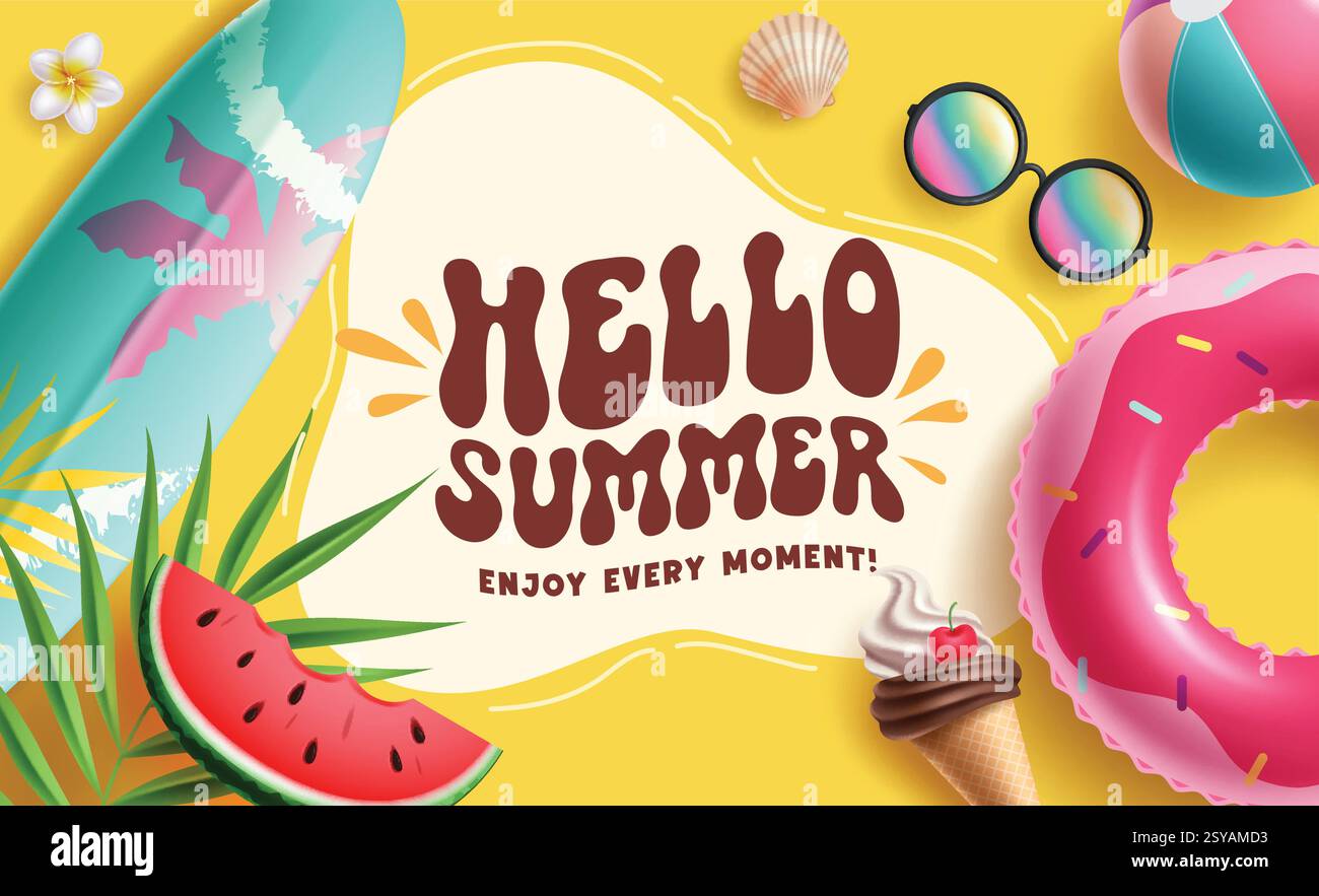 Hello summer clipart template. Summer greeting text in yellow abstract clip art background with ...