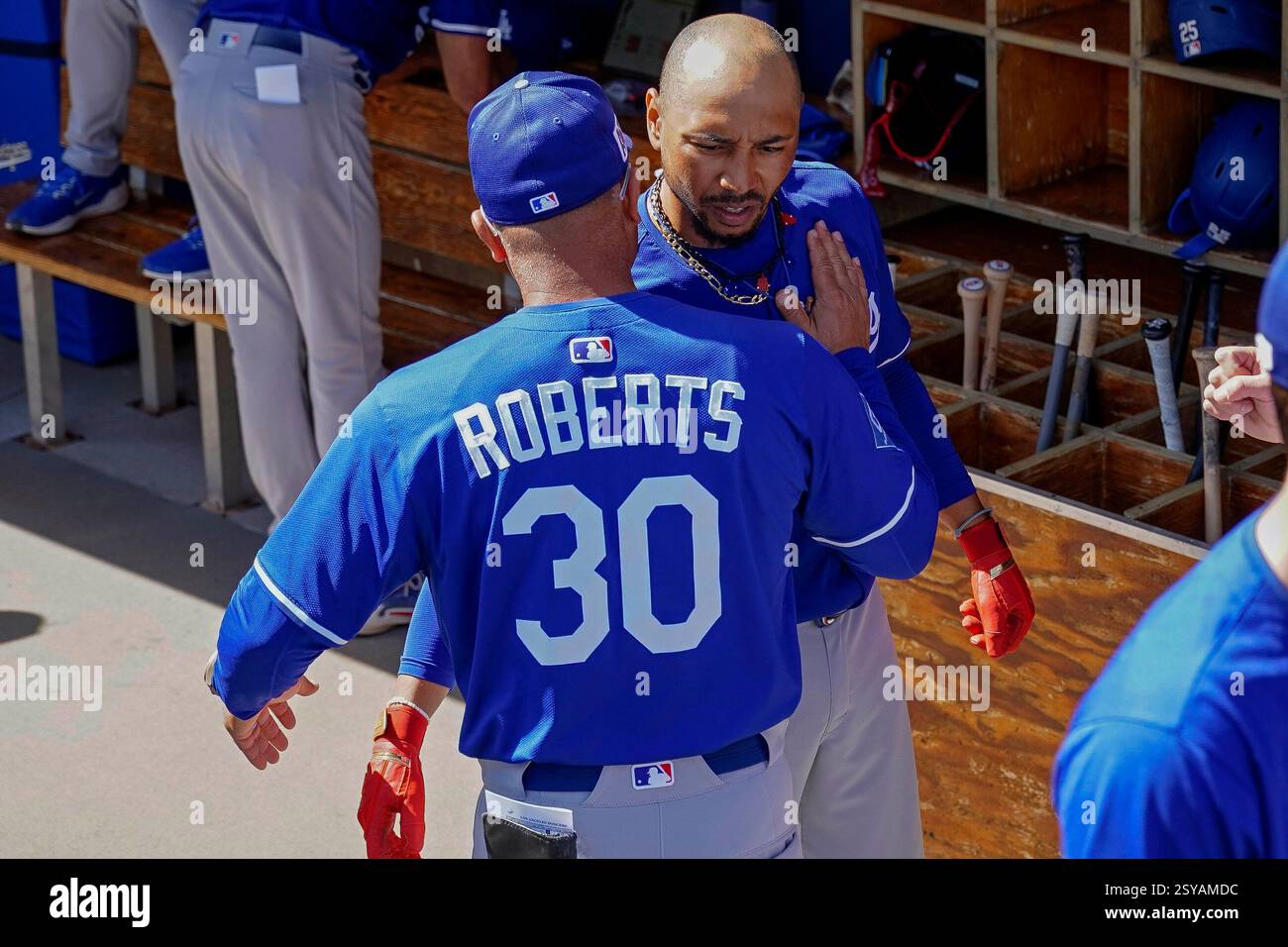 Los Angeles Dodgers shortstop Mookie Betts, right, and manager Dave ...
