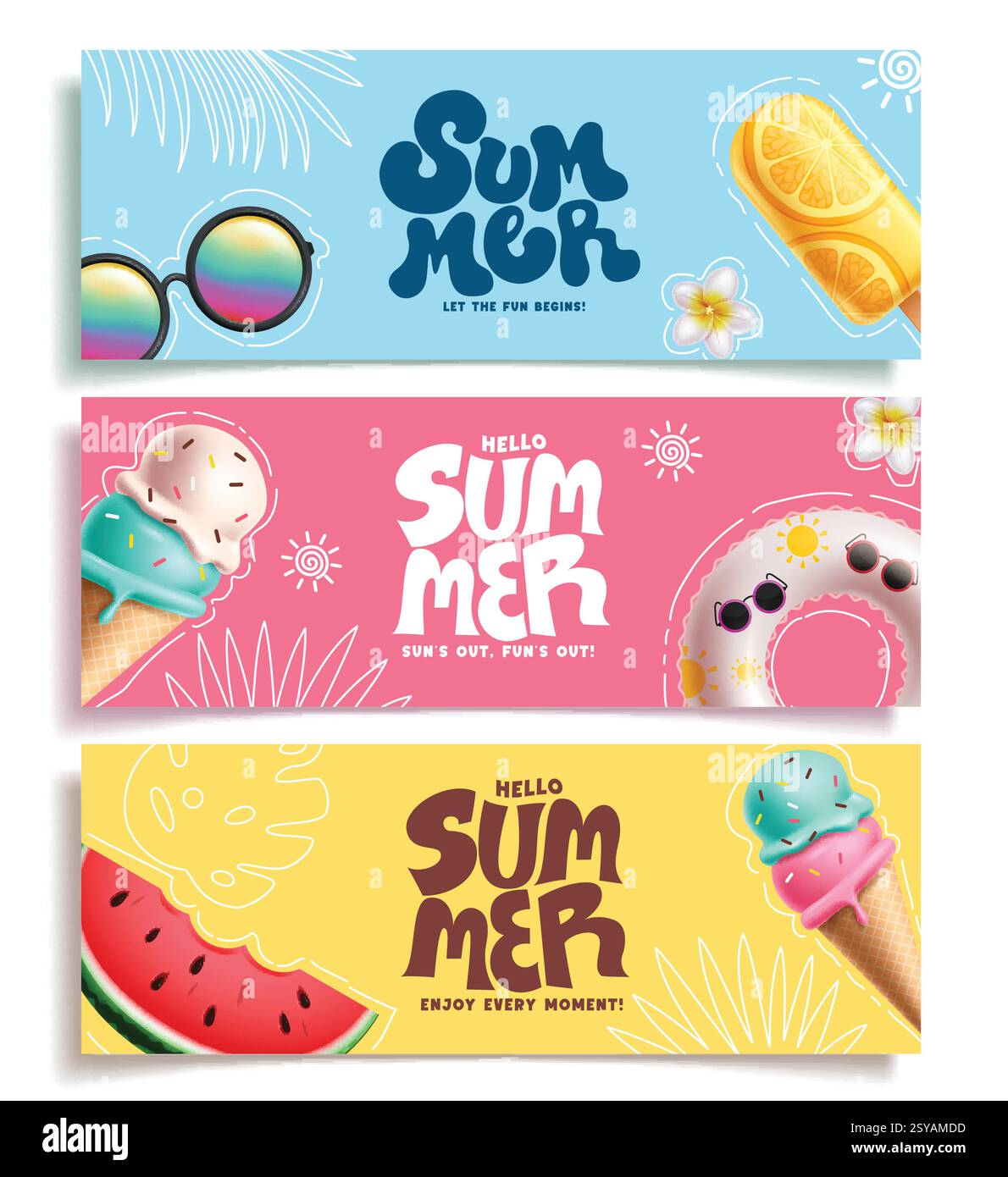 Hello summer greeting clipart banner. Summer greeting text with floaters, watermelon, sunglasses ...