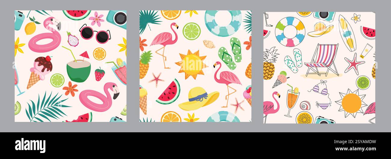 Summer elements seamless clipart set. Summer drawing and outline ...