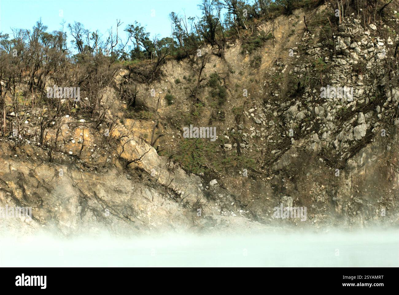 A view of the crater wall and part of the crater lake of Mount Patuha ...