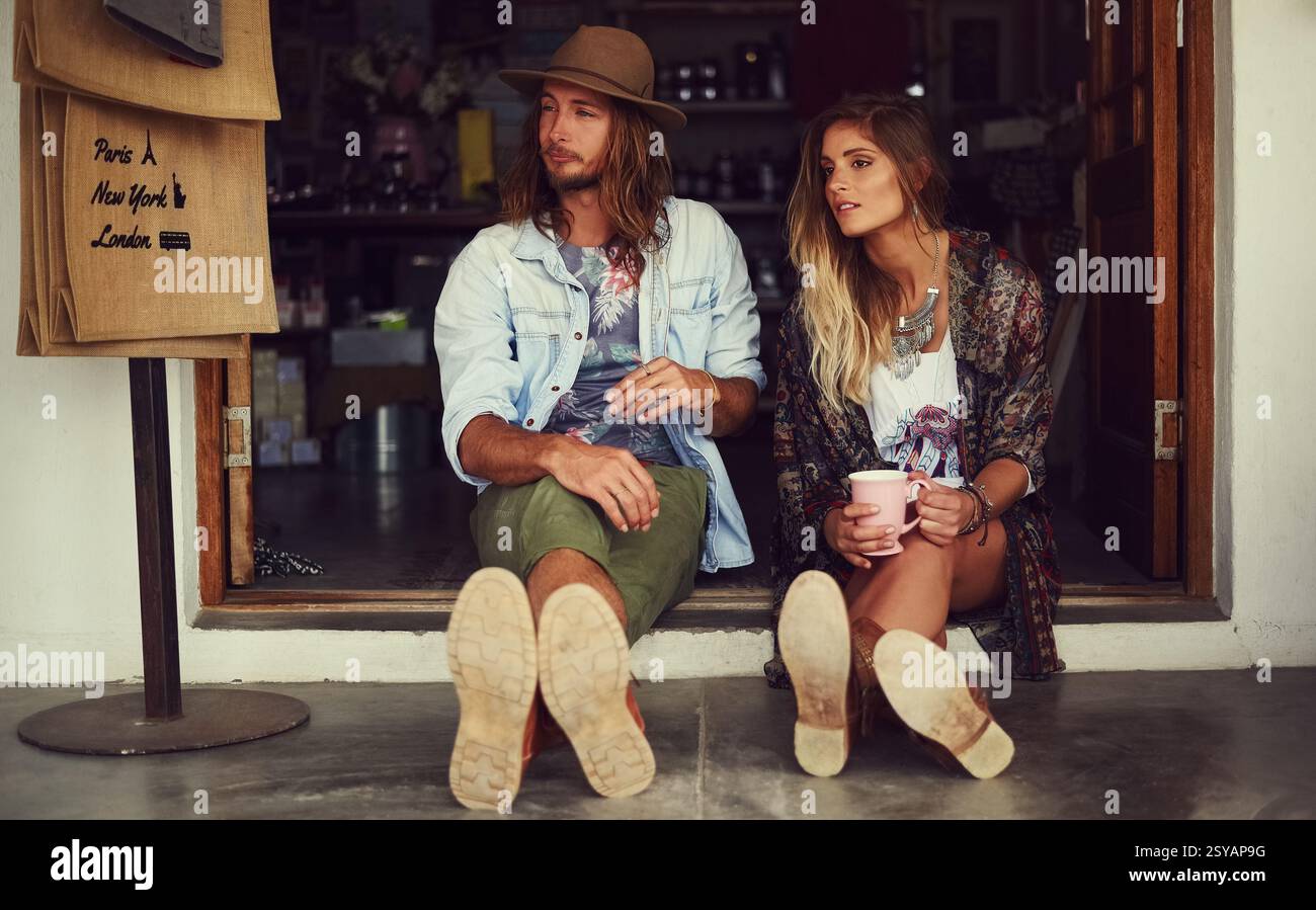 Coffee shop, relax and doorway with couple, cup and tourism for small ...