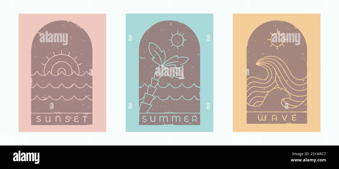 Vintage summer stamp, t short design template set. Simple sunset, sea ...