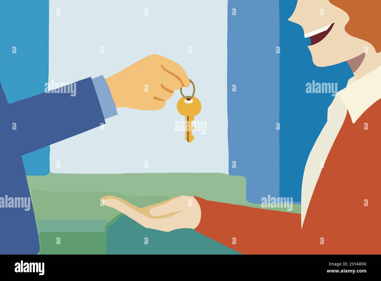 A real estate agent smiles as they hand over a key to a happy new ...