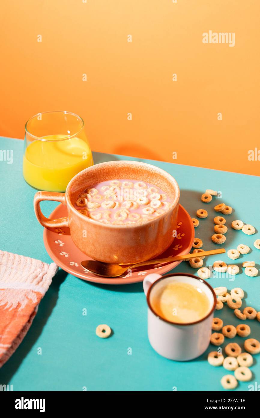 A vivid breakfast tableau featuring a bowl of cereal with milk, a glass ...