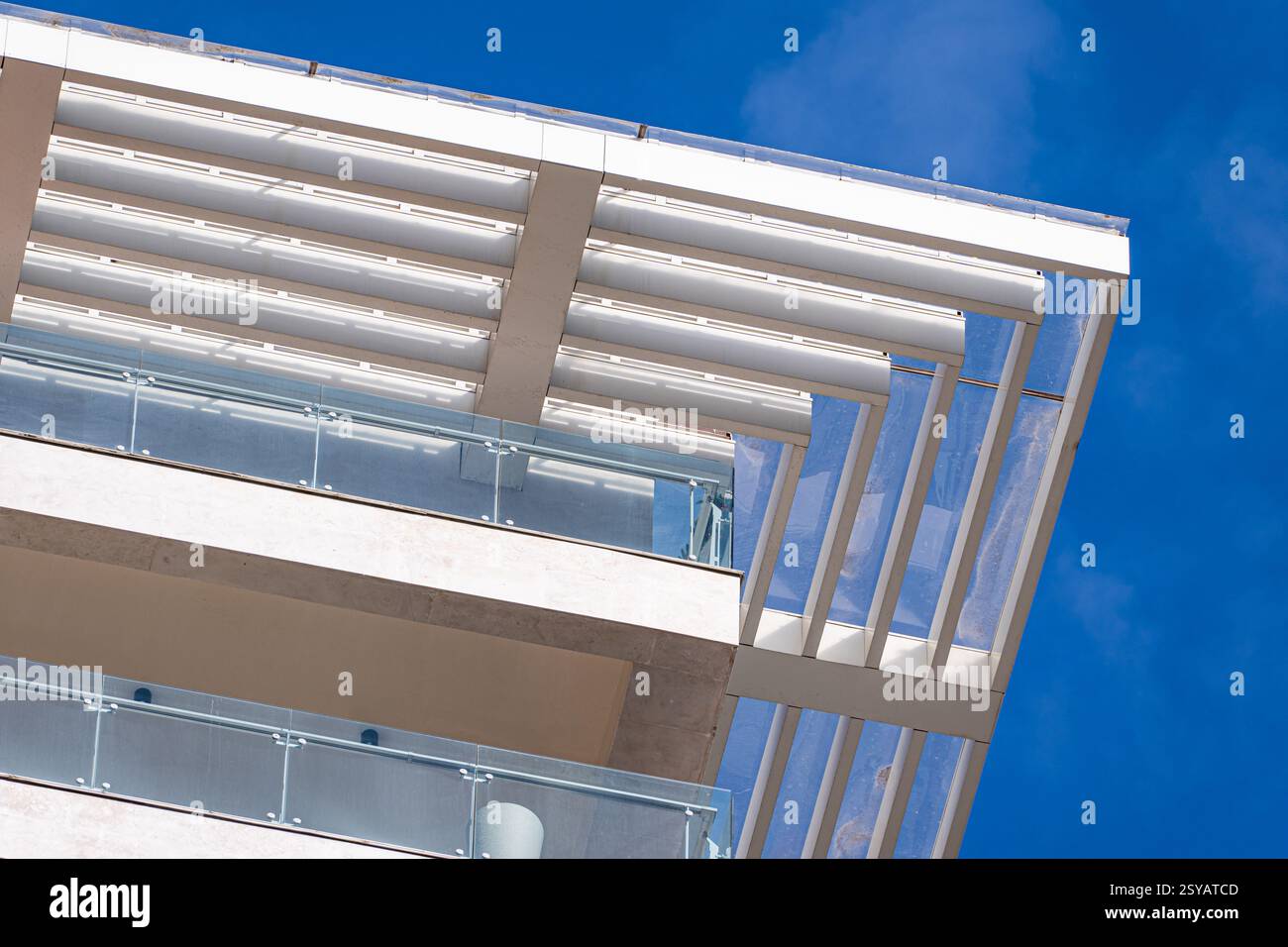 Low angle of a modern architecture showcases a blend of materials ...