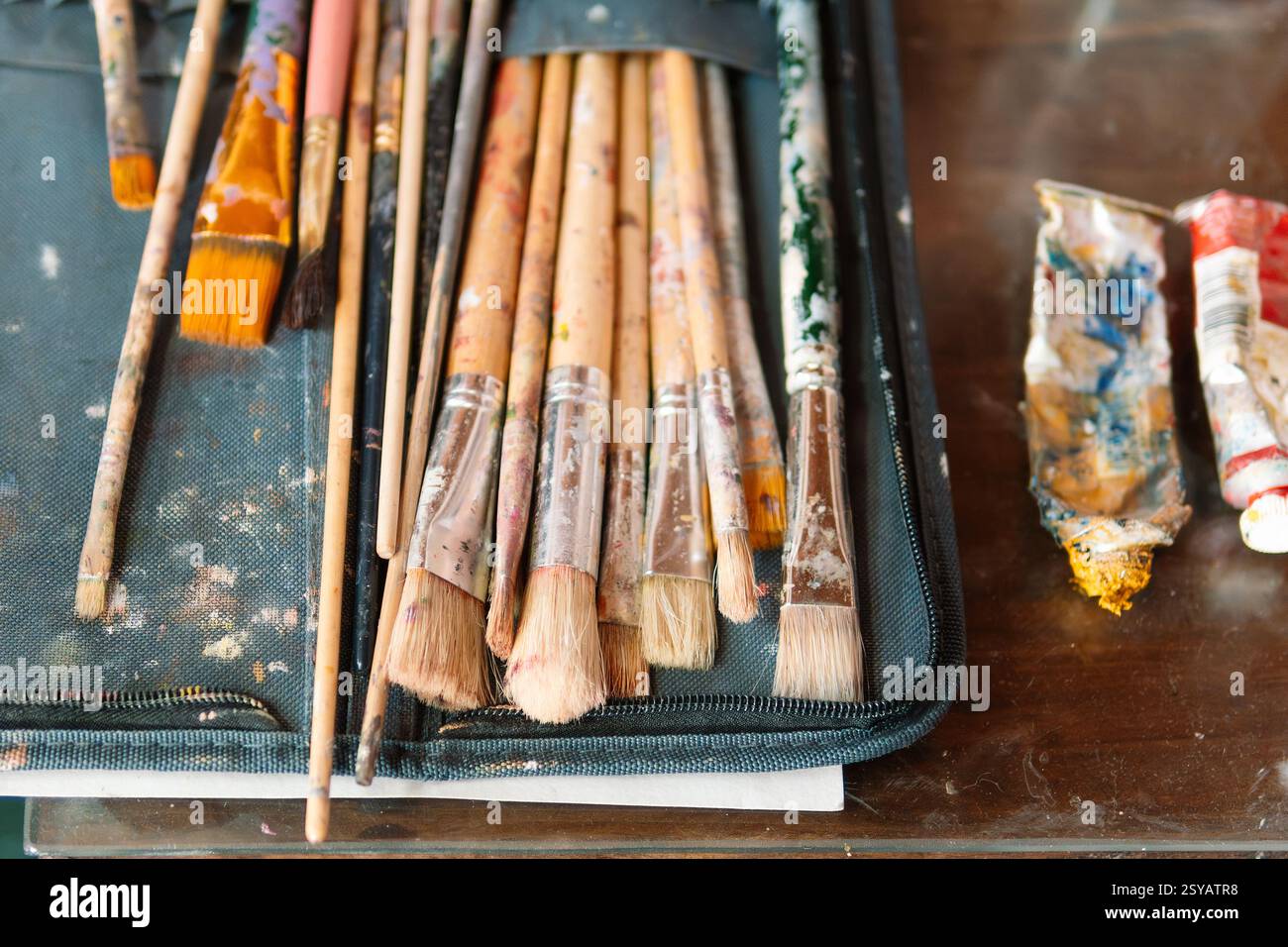 A collection of well-used paintbrushes with dried paint rests in a ...