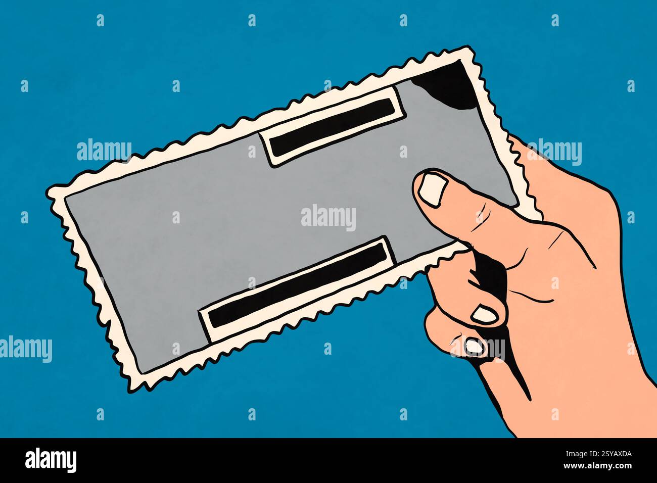 Illustration of a hand holding a ticket against a blue background. The ...