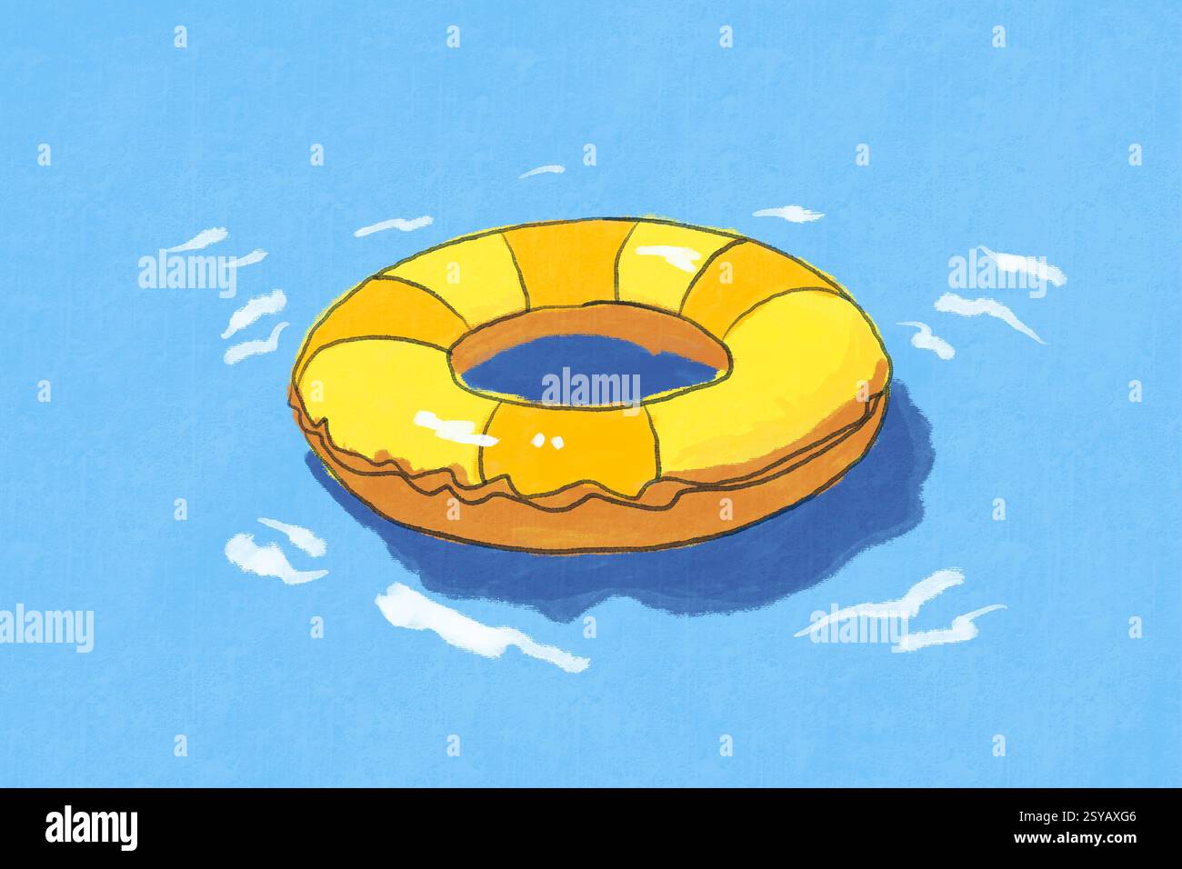 A playful summer illustration featuring a bright yellow donuts-shaped ...
