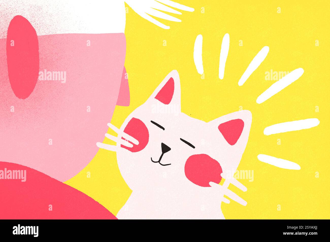 A whimsical illustration features a smiling white cat with pink cheeks ...