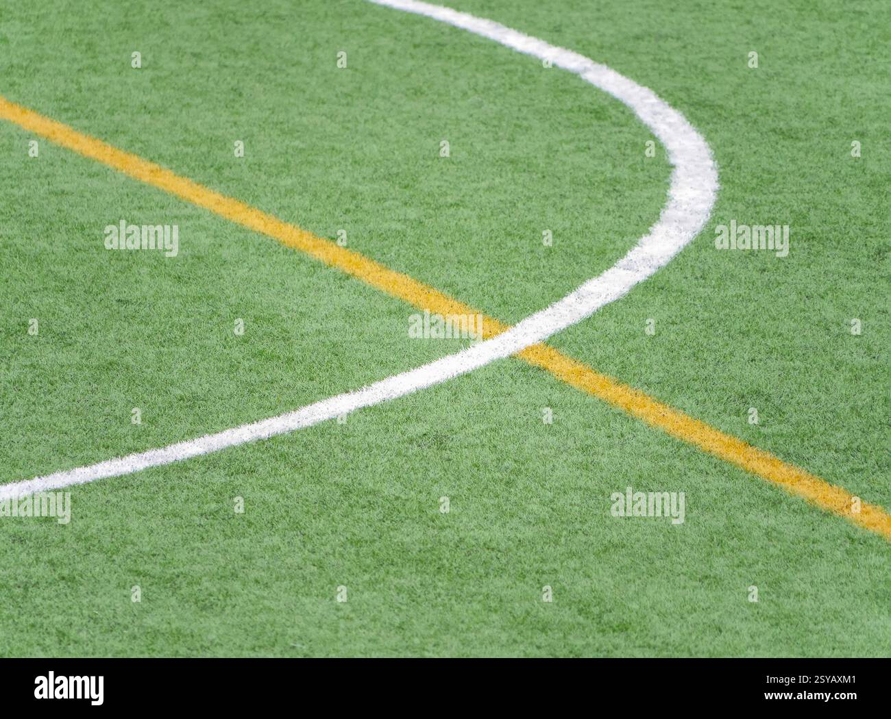A close up of white and yellow lines marking a soccer field on ...