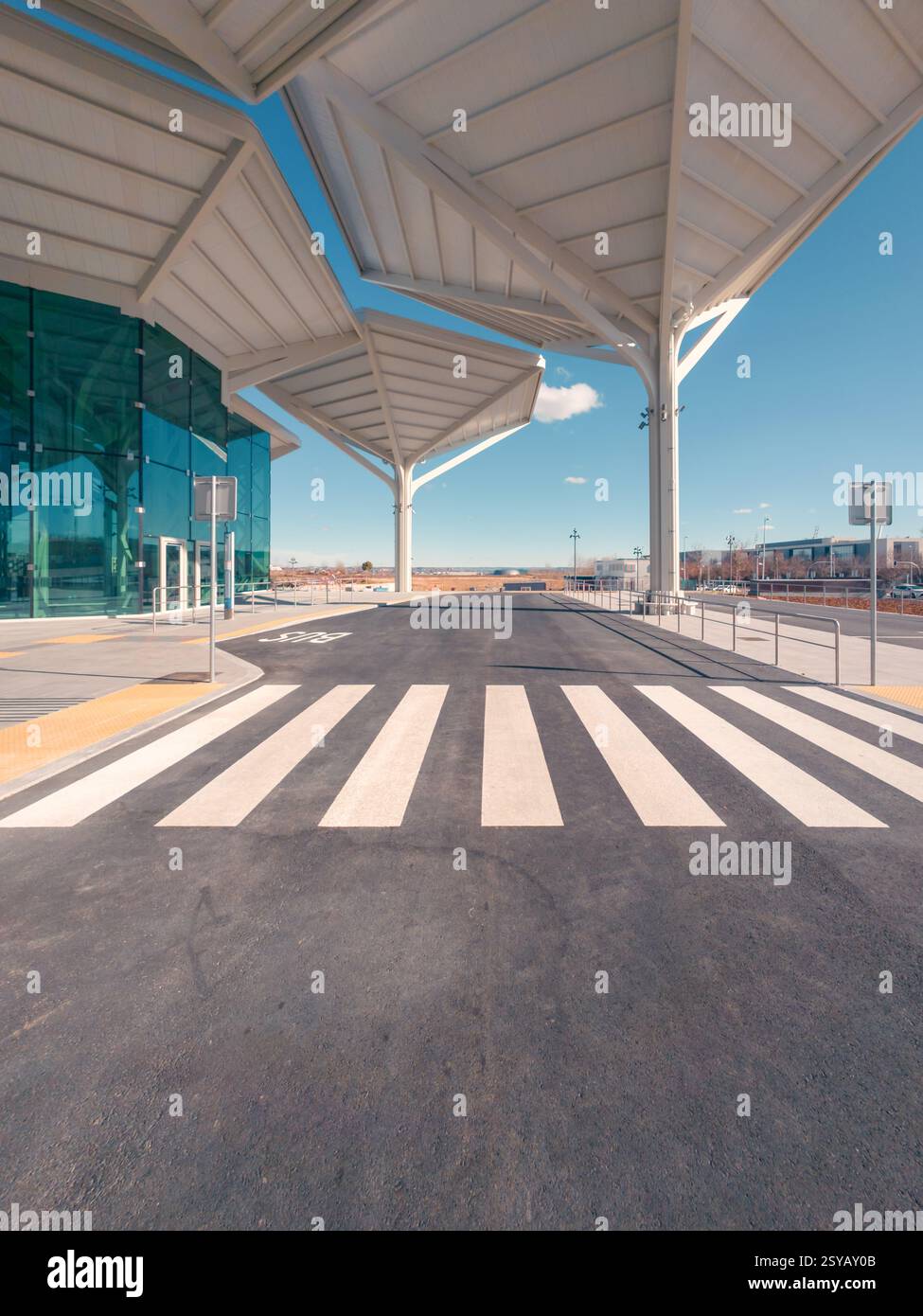 Architectural view of a sleek transport hub in Valdebebas, Madrid ...