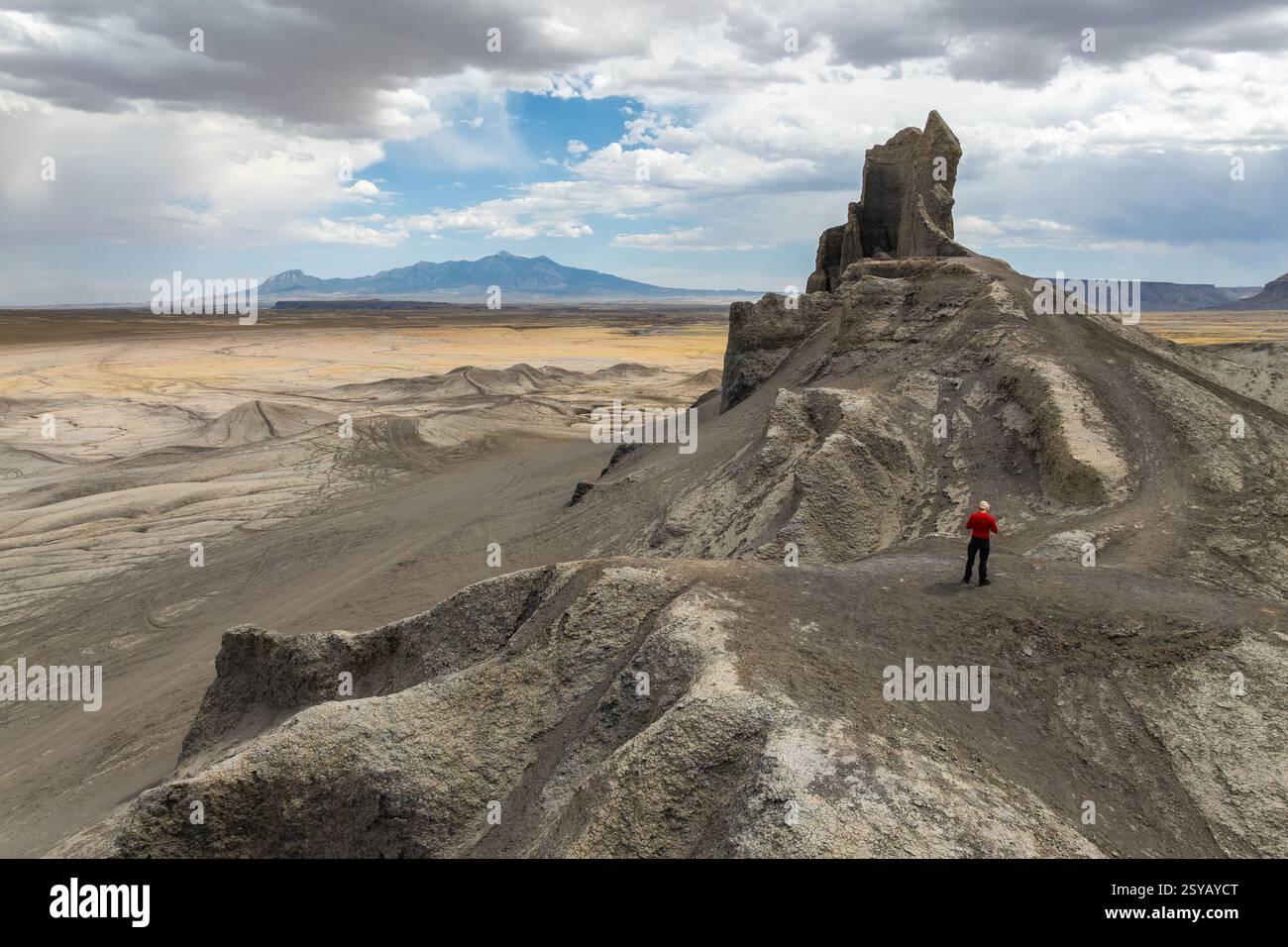 A person in a red jacket stands atop a rugged, rocky outcrop in a vast ...