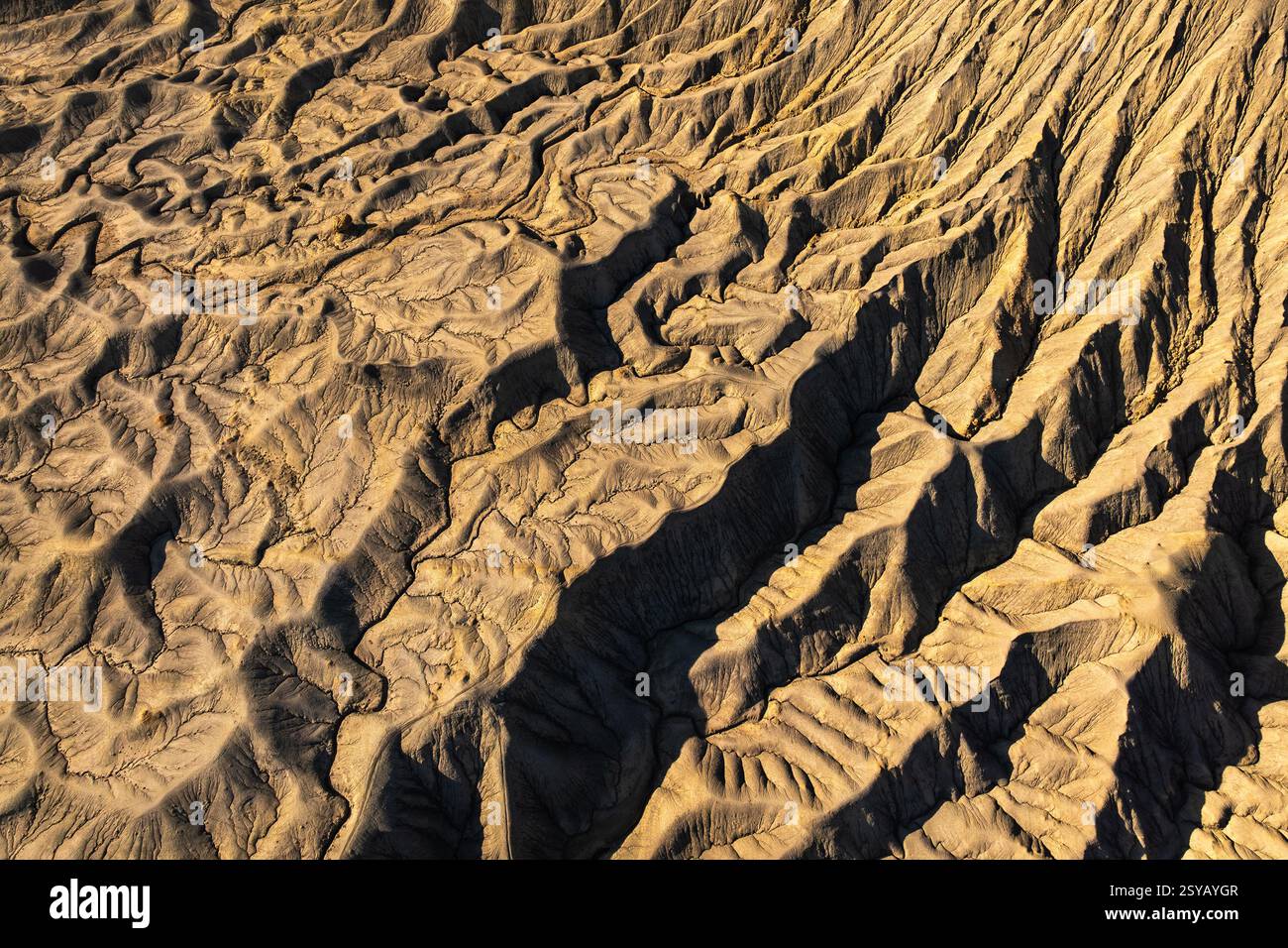 Aerial view of golden desert textures at Caineville Mesa, Utah ...