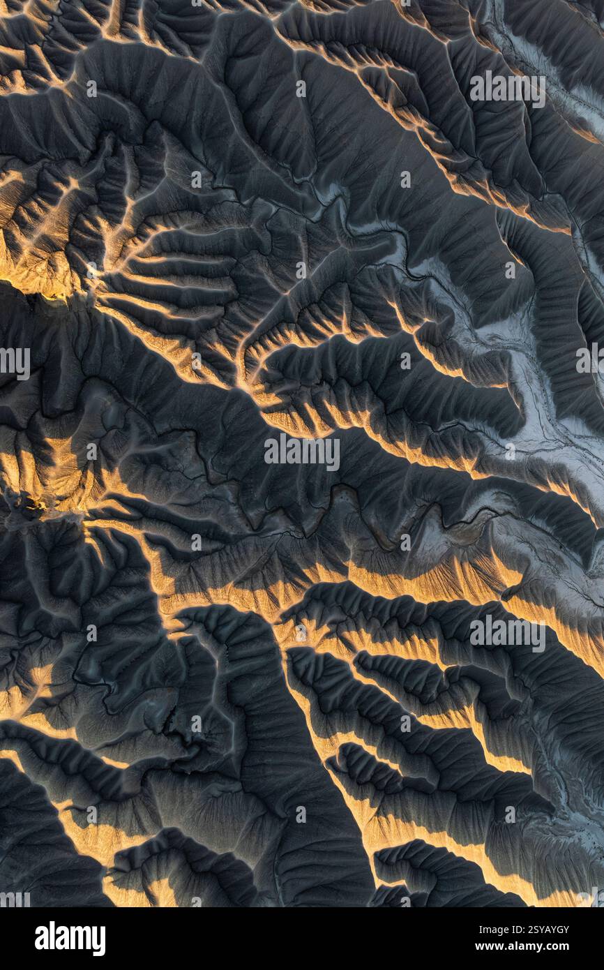 Aerial photo capturing golden desert textures and intricate patterns of ...