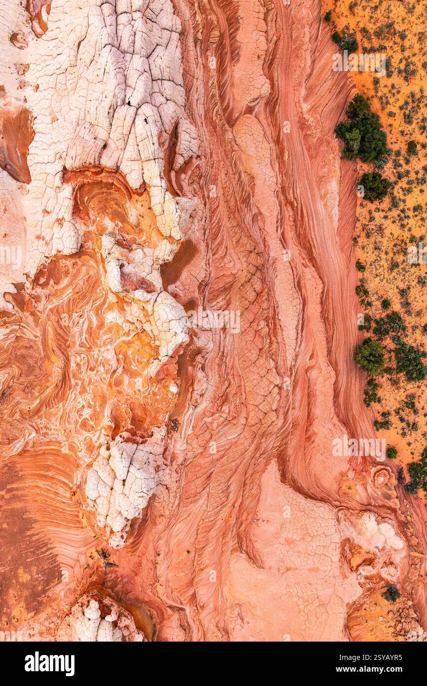 Stunning top-down view of intricate red and white rock patterns in a ...