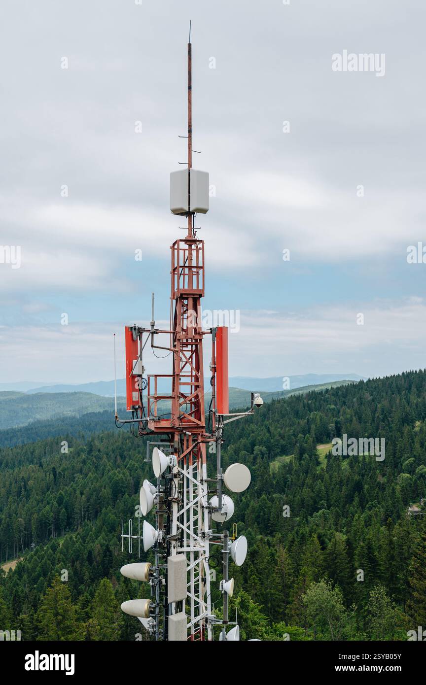 A towering communication array equipped with various antennas and ...