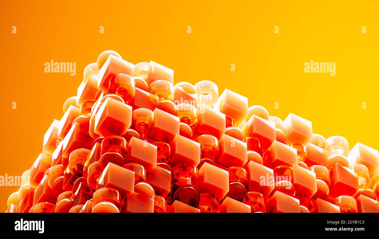 An engaging array of 3D geometric shapes in fiery orange tones combines ...