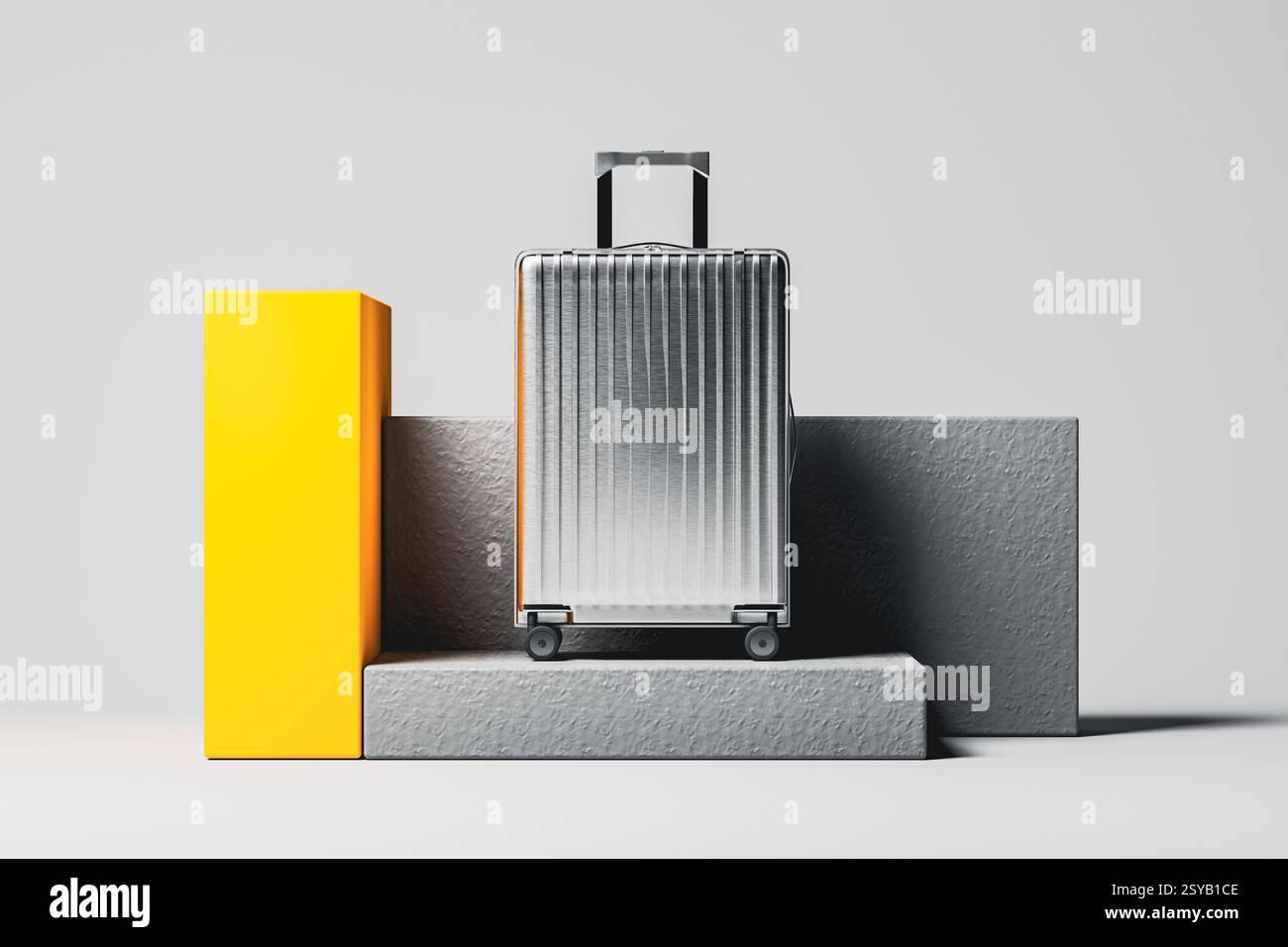 Vivid colored suitcase stands prominently on a minimalist display ...