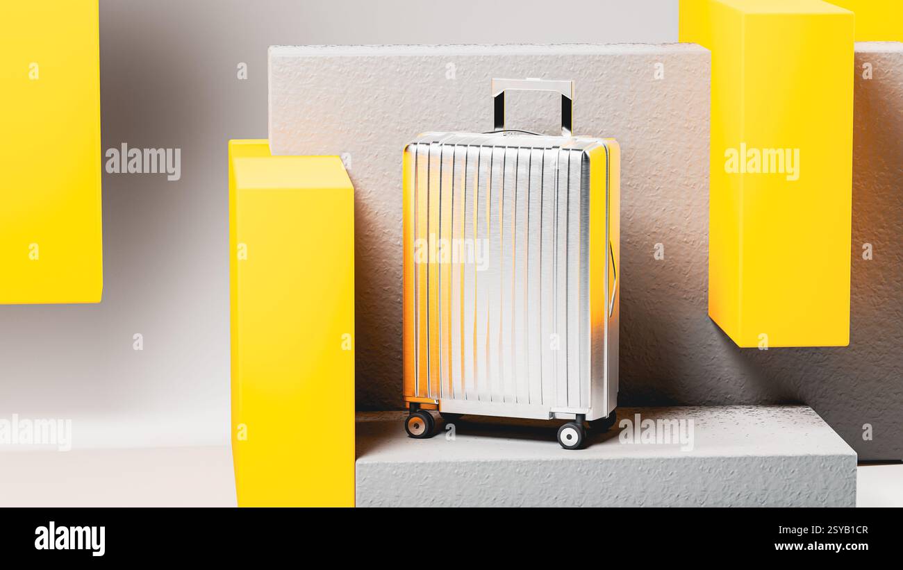 Vivid colored suitcase stands prominently on a minimalist display ...