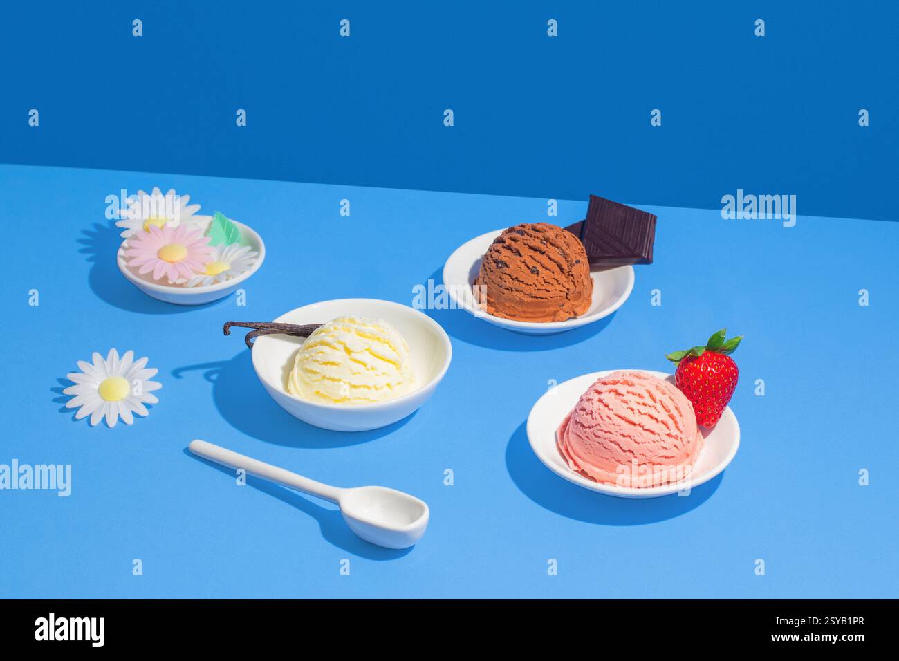 Brightly colored ice cream scoops in white bowls under a bold blue ...
