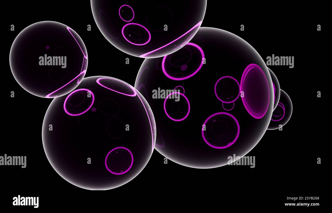 A striking 3D render featuring multiple glossy black spheres, each ...