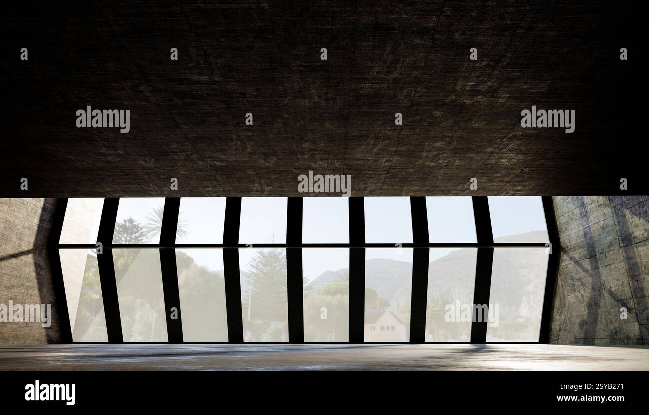 Large geometric windows frame a scenic view, with natural light ...