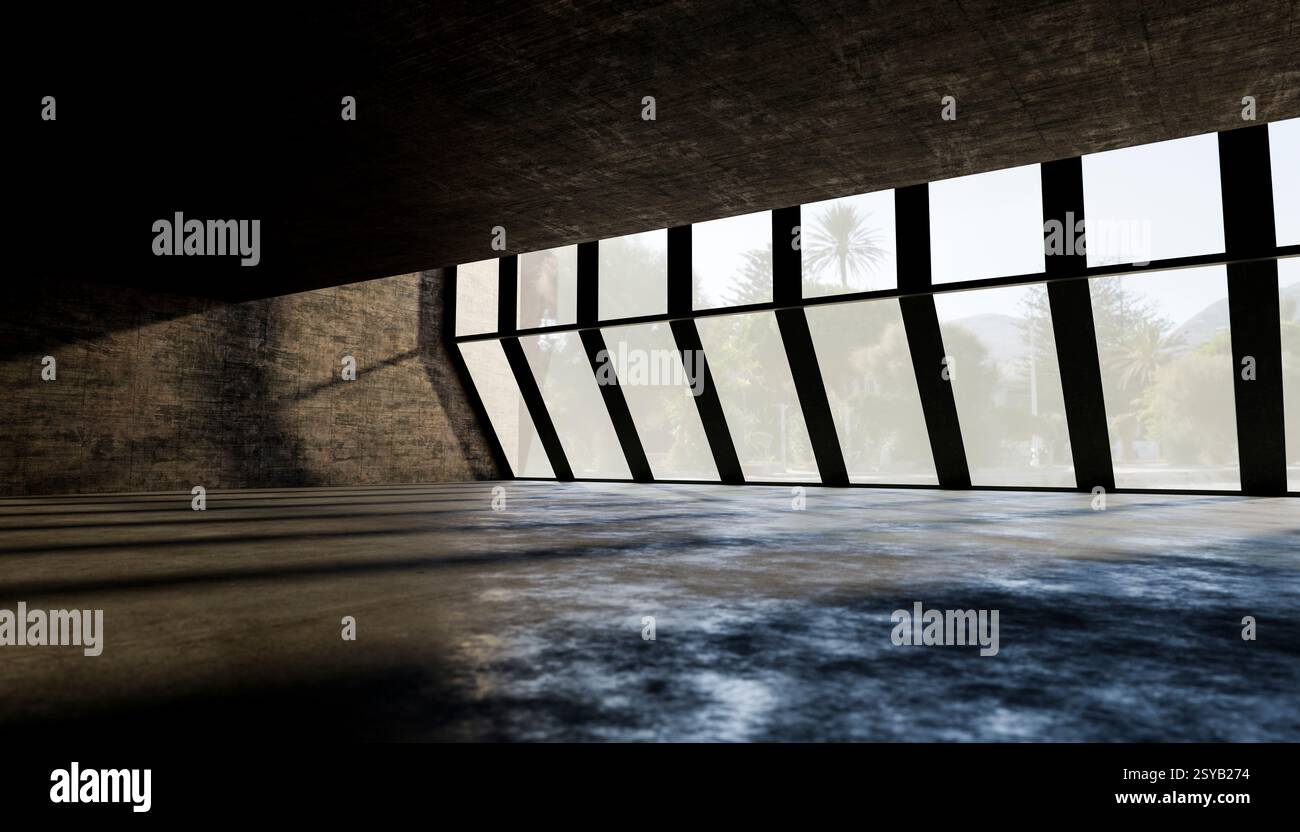 Minimalist interior and empty with featuring large, slanted windows ...