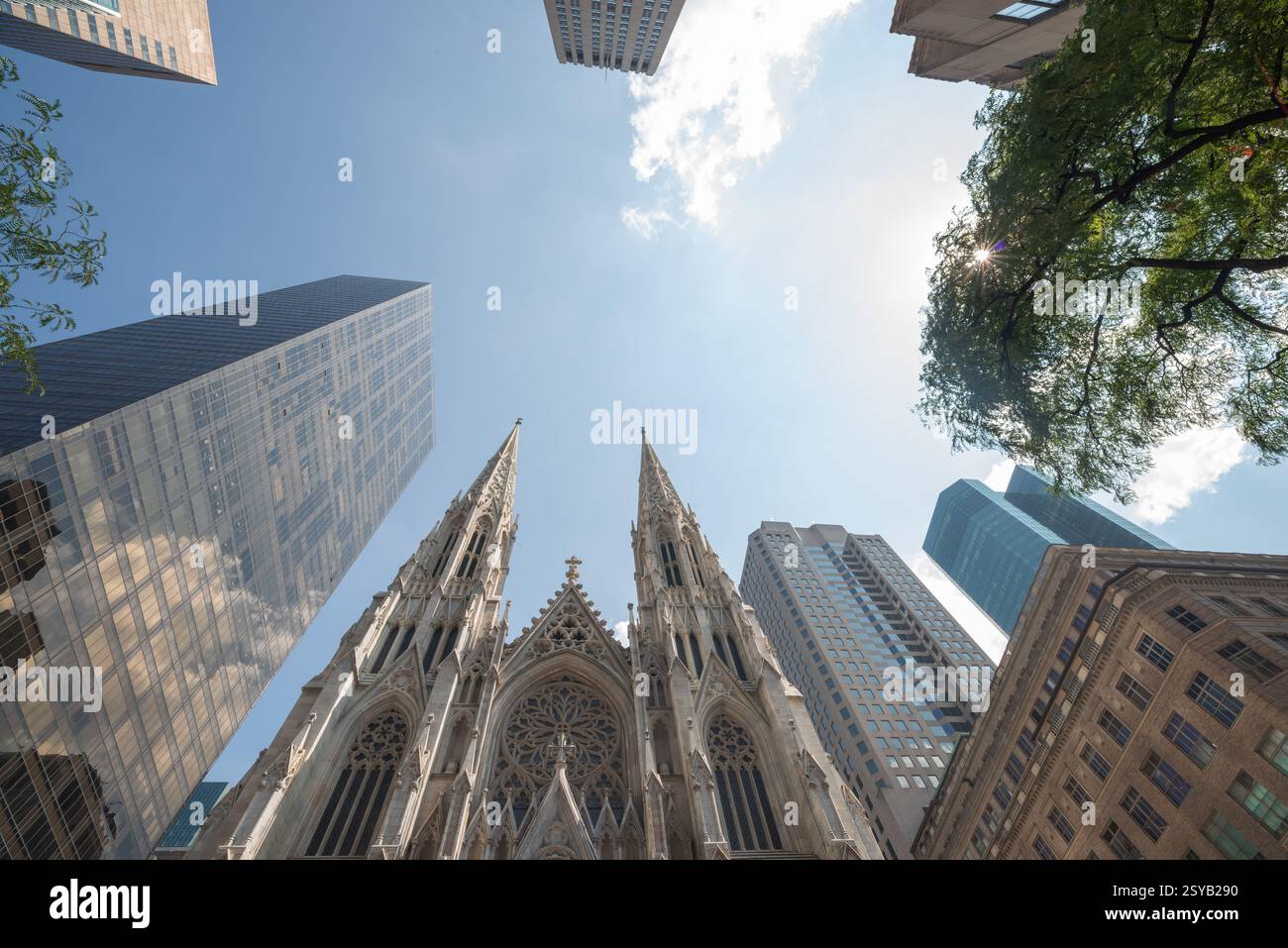 A striking upward view capturing the iconic St. Patrick's Cathedral ...