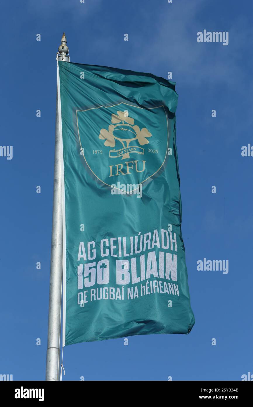 Dublin, Ireland - 25th February 2025 - A Green flag with IRFU logo and ...