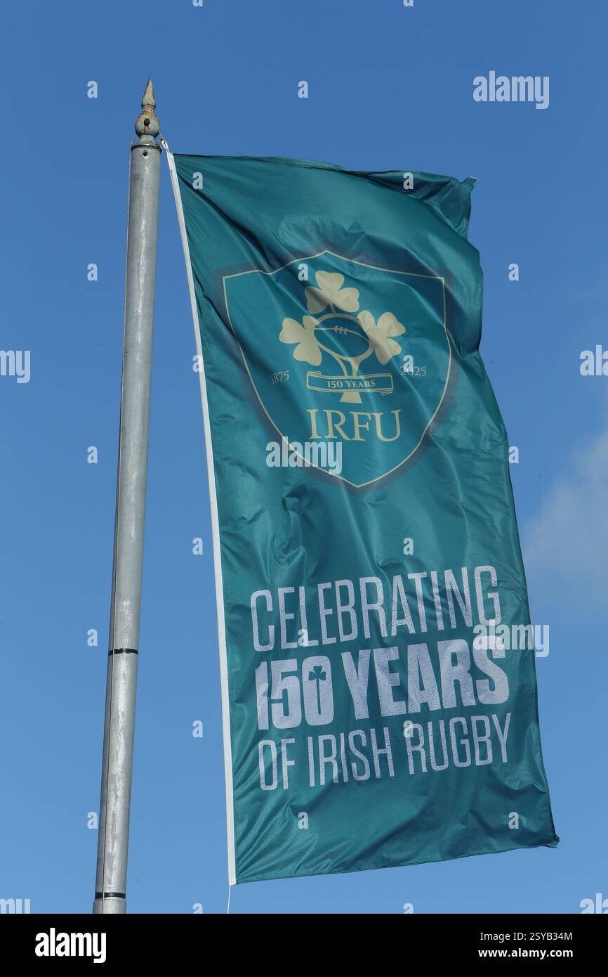 Dublin, Ireland - 25th February 2025 - A Green flag with IRFU logo and ...