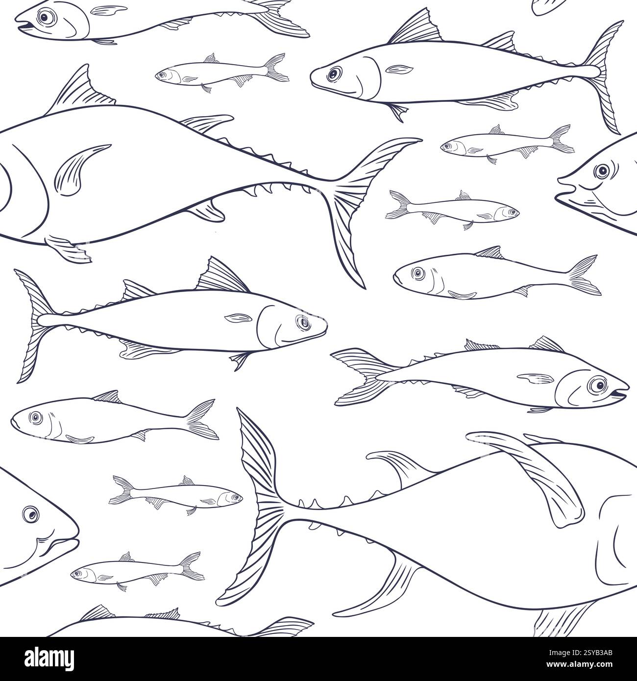 Variety sea fish black white vector seamless pattern. Sardine, anchovy ...