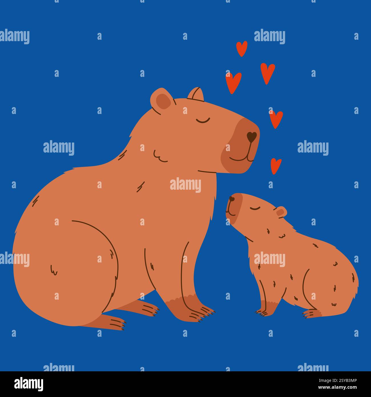 Capybara characters. Happy family of mother and baby capybara. Hand ...