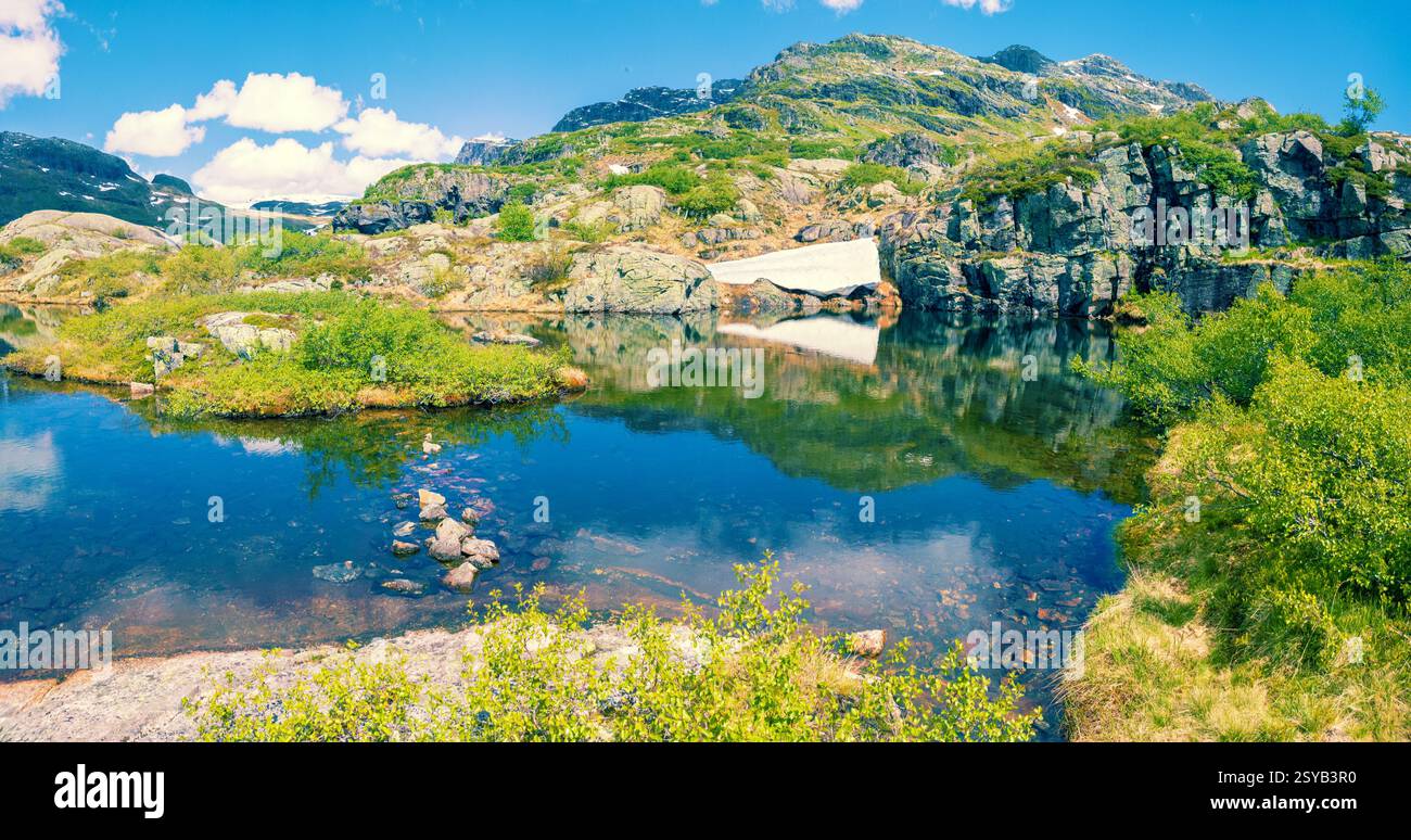 Panoramic view of the mountain lake with reflection of clouds ...
