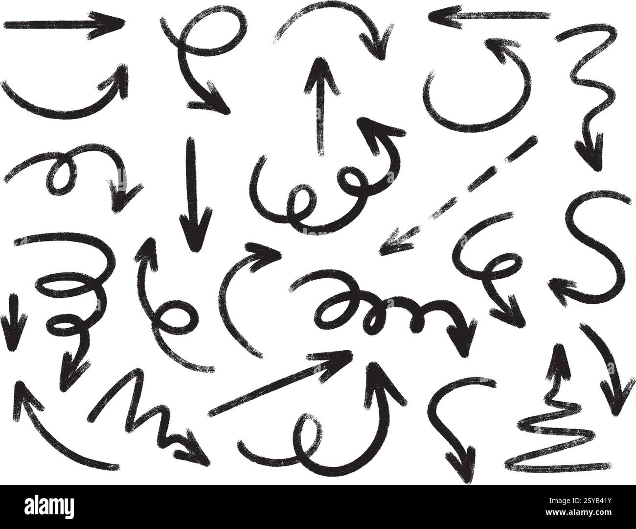 Black crayon arrow collection with curved and straight, spiral and ...