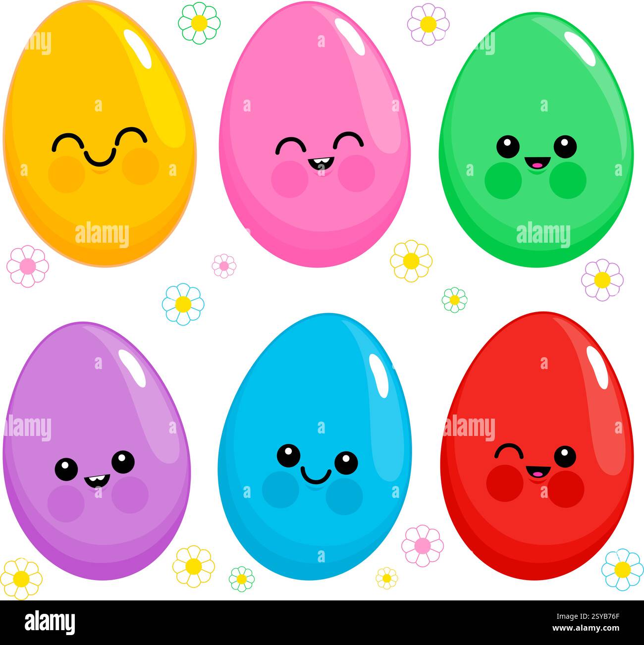 Cute cartoon Easter egg set. Candy chocolate eggs, painted Easter egg characters for traditional ...