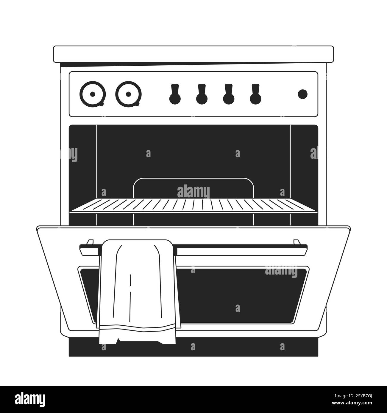Oven with open door, empty rack black and white 2D line object Stock ...