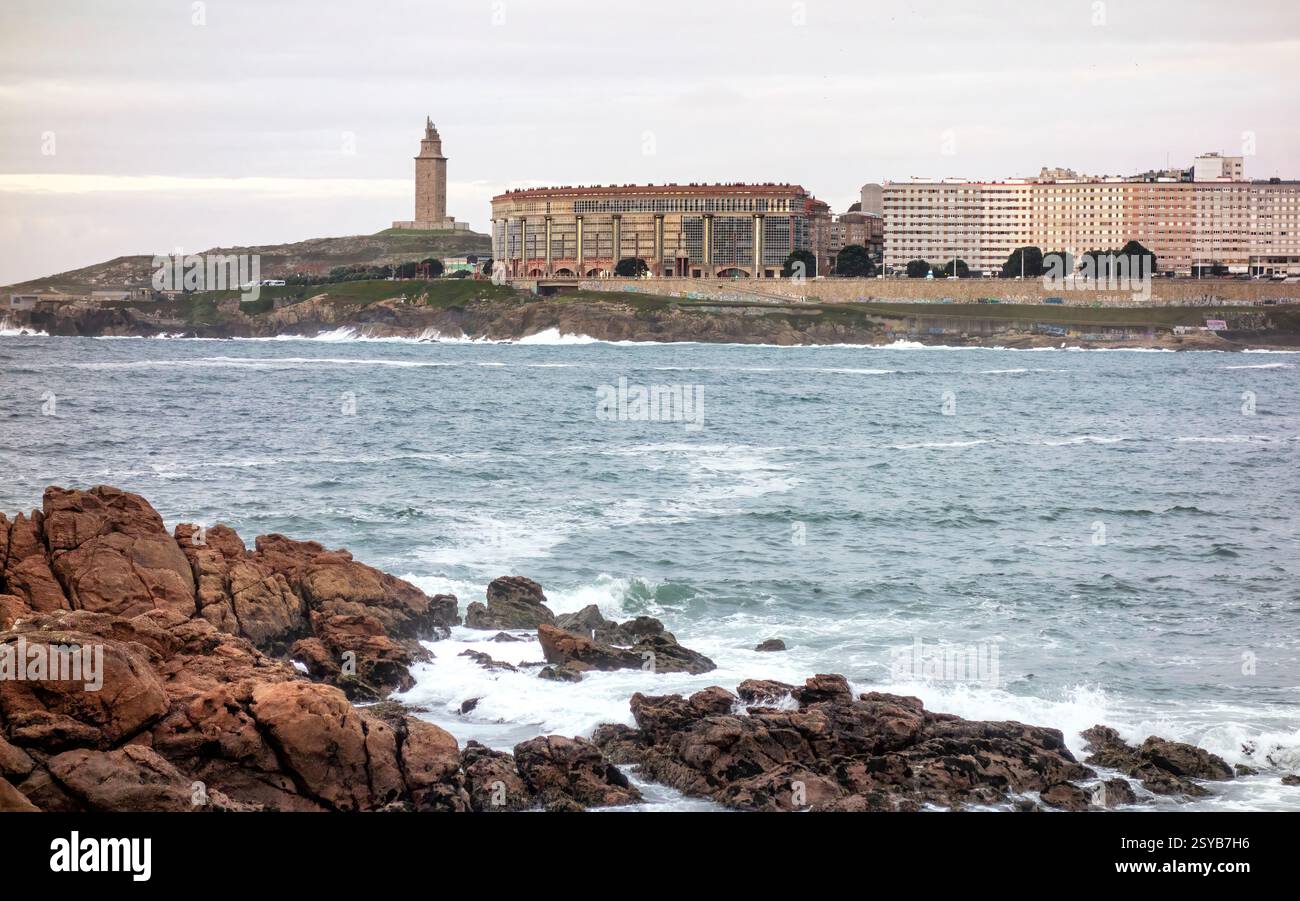 Riazor beach bay in the Spanish city of A Coruña and the Hercules tower ...